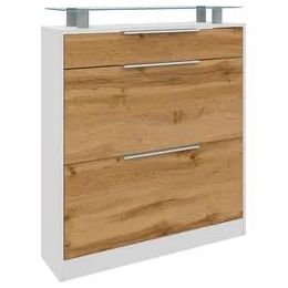 borchardt Möbel Schuhschrank BORCHARDT MÖBEL "Oliva", weiß (weiß matt, eichefarben wotan), B:89 H:104 T:24, Holzwerkstoff, Schränke, Breite 89 cm, stehend, mit 2 Doppeltrommeln und 1 Schubkasten