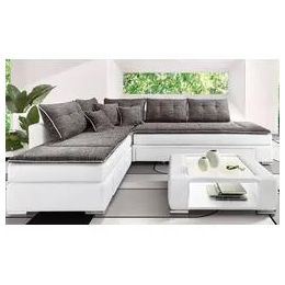 Ecksofa Inosign "Night & Day L-Form, B: 304 cm", grau (weiß, grau), B:304cm H:98cm T:223cm, Luxus-Kunstleder / grobe Struktur (80% Polyester / 20% Polyacryl);Unterseite Topper: Bezug der Spiegelfläche aus Matratzendrell (100% Polyester);Struktur fein ( 100% Polyester );Struktur grob (80% Polyester, 20% Polyacryl), Sofas, mit Bettfunktion, Bettkasten & 3 Zierkissen, Boxspringbett 164x200 cm