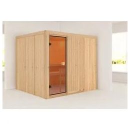 Sauna Karibu "Nybro", beige (naturbelassen), (ohne Ofen), Saunen, inklusive Ofenschutzgitter und Tür