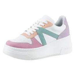 Plateausneaker Rieker, Damen, Gr. 39, weiß (weiß pastellfarben), Lederimitat, Nubuklederimitat, Schuhe, mit pastellfarbenen Kontrasten, Freizeitschuh, Halbschuh, Schnürschuh