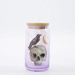 Lilafarbenes Trinkglas mit Totenkopfmotiv 14x7cm