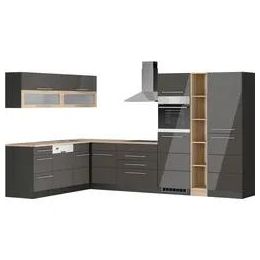 Winkelküche KOCHSTATION "KS-Wien", küche: grau, front: hochglanz grau, korpus: grafit, arbeitsplatte: eiche sonoma, B:220cm H:200cm T:340cm, Komplettküchen-Sets, Stellbreite 220 x 340 cm, wahlweise mit E-Geräten