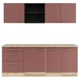 Küche Optifit "Bella", rot (küche: rot, front: rostrot, korpus: wildeichefarben, arbeitsplatte: anthrazit), B:210cm T:60cm, Komplettküchen-Sets, Breite 210 cm, wahlweise mit E-Geräten