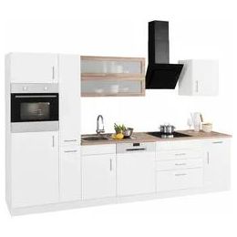 Küchenzeile KOCHSTATION "KS-Utah", weiß (küche: weiß, korpus: weiß, arbeitsplatte: eiche sonoma), B:330cm T:60cm, Komplettküchen-Sets, mit E-Geräten, Breite 330 cm