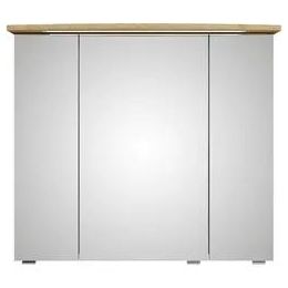 Badezimmerspiegelschrank SAPHIR "Serie 4010 Badezimmer-Spiegelschrank inkl. LED-Beleuchtung im Kranz", braun (halifax eiche quer nachbildung), B:82cm H:71,9cm T:26,5cm, Schr&auml;nke, Badschrank 82 cm breit, 3 T&uuml;ren, 6 Glas-Einlegeb&ouml;den, inkl T&uuml;rd&auml;mpfer
