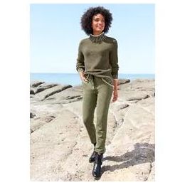 Strickpullover Heine "Pullover", Damen, Gr. 44, grün (khaki, ecru, meliert), 60% Polyacryl, 15% Polyester, 10% Viskose, 8% Wolle, 7% Elasthan, unifarben, Langarm, Pullover