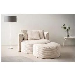 XXL-Sessel "ISALIE, Rundsessel mit Hocker, Lesesessel, Loveseat, Big-Sessel", beige (elfenbein), B:153cm H:98cm T:208cm, LeGer Home by Lena Gercke, Sessel, trendige Stoffe, 3 Zierkissen, große Sitzfläche, Cord, Samt, Bouclé