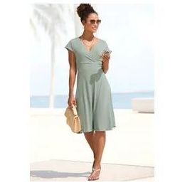 Midikleid Lascana, Damen, Gr. 40, N-Gr, grün (sage grün), Jersey, Obermaterial: 95% Polyester, 5% Elasthan, unifarben, figurumspielend knieumspielend, tiefer V-Ausschnitt, Kleider, aus bügelfreier Ware, elegantes Sommerkleid aus Jersey, Strandkleid