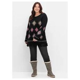 Strickpullover sheego "Strickpullover", Damen, Gr. 44/46, schwarz (schwarz, gemustert), 50% Baumwolle, 50% Polyacryl, ethno, gemustert, mehrfarbig, Pullover