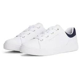 Plateausneaker Tommy Hilfiger "CASUAL CUPSOLE SNEAKER", Damen, Gr. 35, weiß (weiß, blau), Nappaleder, Sportlich, Schuhe, Freizeitschuh, Halbschuh, Schnürschuh mit seilticher Logoprägung