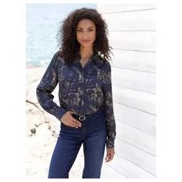 Druckbluse Heine, Damen, Gr. 34, blau (marine, sesam, bedruckt), 100% Viskose, bedruckt, gemustert, mehrfarbig, V-Ausschnitt, Blusen