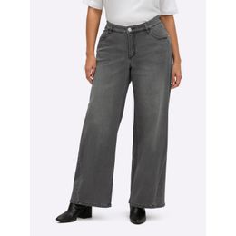 sheego Damen Jeans mit weitem Bein und Knopflochgummi, stone-grey-denim, Größe 40
