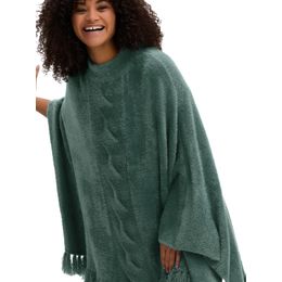 sheego Damen Strickponcho mit Stehkragen und Quasten, moos, Gr&ouml;&szlig;e 56/58