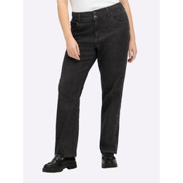 sheego Damen Gerade Jeans mit Glitzersteinchen seitlich, black denim, Gr&ouml;&szlig;e 50