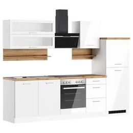Küchenzeile KOCHSTATION "KS-Milan", weiß (küche: weiß, front: weiß hochglanz, korpus: weiß, arbeitsplatte: wotaneiche), B:270cm H:200cm T:60cm, Komplettküchen-Sets, 270 cm breit, robuste Metallauszüge, viel Stauraum