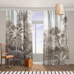 Vorhang Tropischer Kupferstich mit Giraffen in Braun - blickdichte Gardine Wald B&auml;ume Botanik Tropical Illustration Natur Vintage Wohnzimmer