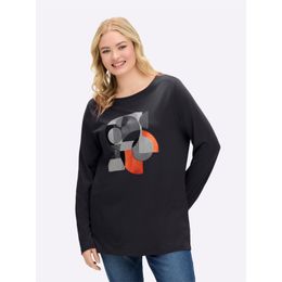 sheego Damen Langarmshirt mit Grafikprint und Glitzersteinchen, schwarz-silberfarben-bedruckt, Gr&ouml;&szlig;e 48/50