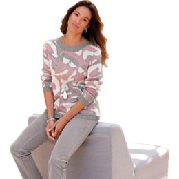 CRÉATION L Damen Jacquard-Pullover mit unifarbenen Abschlüssen hortensie-steingrau-gemustert Größe 36