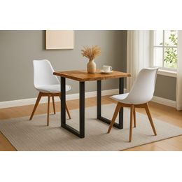 Essgruppe Baumkante massiv 90 x 90 cm Akazie naturfarben U-Gestell schwarz & 2 Stühle weiß QUINN