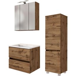 Badmöbel-Set Welltime "Welltime Möbel Baabe Waschtisch-Set 3tlg. oder 5tlg.", braun (wotaneiche), Set 1 3tlg.: Waschtisch 60cm breit, Spiegelschrank 60cm breit, Midischrank, Holzwerkstoff, Kastenmöbel-Sets, gedämpfte Scharniere und Softclose-Funktion, inklusive LED-Beleuchtung
