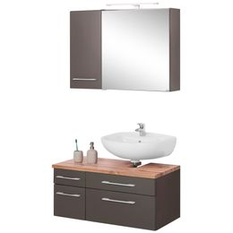 Badmöbel-Set Welltime "Davos", grau (graphit, grau), Siphonausschnitt rechts, Holzwerkstoff, MDF, Melamin, Kastenmöbel-Sets, mit LED-Beleuchtung, Hängeschrank und Waschbeckenunterschrank