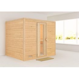 Sauna Karibu "Soraja", beige (naturbelassen), ohne Ofen, (ohne Ofen), Saunen, ohne Ofen