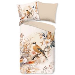 Wendebettwäsche Good Morning "Gloria", beige (sand), B/L: 155 x 220, 1, 1, Renforcé, B/L: 80 x 80, 2, Renforcé, Obermaterial: 100% Baumwolle, Bettwäsche, Baumwolle, Renforcé, Reißverschluss, Wendeoptik, Blumen, Vogel, Natur