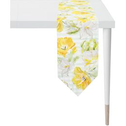 Tischband Apelt "6405 SPRINGTIME, Frühjahrsdeko, Frühling", gelb (weiß, gelb, natur), B:25cm L:175cm, Baumwolle, Polyester, Tischdecken, Digitaldruck