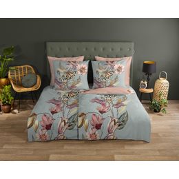 Wendebettwäsche Good Morning "Lyave", blau (blaugrau), B/L: 155cm x 220cm, 1 Stk., 1 Stk., Renforcé, B/L: 80cm x 80cm, 2 Stk., Renforcé, Obermaterial: 100% Baumwolle, Bettwäsche, Baumwolle, Renforcé, Reißverschluss, Wendeoptik, Blumen, Blaugrau Grau