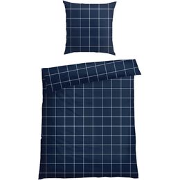 Bettwäsche Schiesser "Josh aus weichem Baumwoll-Satin mit kariertem Muster", blau (dunkelblau), B/L: 135cm x 200cm, 1 Stk., 1 Stk., Renforcé, B/L: 80cm x 80cm, 2 Stk., Renforcé, Obermaterial: 100% Baumwolle, Bettwäsche, Made in Green