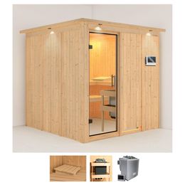 Sauna Karibu "Rodin", beige (naturbelassen), Bio-Kombiofen, externe Steuerung, 9 kW, Saunen, 9-kW-Bio-Ofen mit externer Steuerung