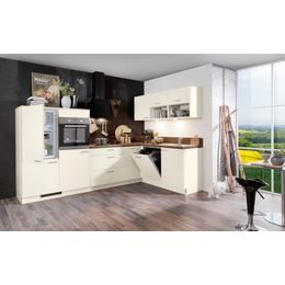 Küchenzeile KOCHSTATION "KS-Scafa, vormontiert, mit höhenverstellbaren Füßen", beige (küche: natur, korpus: magnoliafarben, arbeitsplatte: nussbaum nachbildung), B:305cm T:60cm, Komplettküchen-Sets, vormontiert, wahlweise mit E-Geräten, Stellbreite 305 x 185 cm