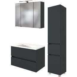 Badmöbel-Set Welltime "Welltime Möbel Baabe Waschtisch-Set 3tlg. oder 5tlg.", grau (matt grau), Set 6 3tlg.: Waschtisch 80cm breit, Spiegelschrank 80cm breit, Seitenschrank, Holzwerkstoff, Kastenmöbel-Sets, gedämpfte Scharniere und Softclose-Funktion, inklusive LED-Beleuchtung