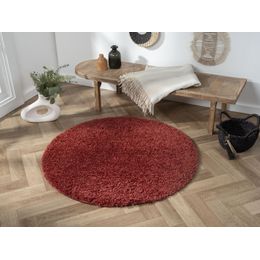 Hochflor-Teppich "My Shaggy", rot (weinrot), B:100 H:37mm L:100 Ø:100cm, Polypropylen (PP), MyFlair MÖBEL & ACCESSOIRES, Teppiche, Shaggy, Uni Farben, leicht glänzend, Microfaser, extra flauschig