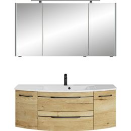 Badmöbel-Set SAPHIR "Serie 7045 2-teilig Mineralmarmor-Waschtisch mit LED-Spiegelschrank", braun (halifax eiche quer nachbildung), B:133,2cm H:200cm T:49,8cm, Spanplatte, Kastenmöbel-Sets, Badezimmer-Set 133,2 cm breit, inkl. Türdämpfer, 5 Türen, 2 Schubladen