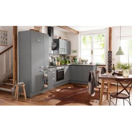 Winkelküche Optifit "Parma", grau (küche: grau, korpus: basaltgrau, arbeitsplatte: granit schwarz), B:315cm T:175cm, Komplettküchen-Sets, ohne E-Geräte, Stellbreite 315 x 175 cm