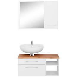 Badmöbel-Set Welltime "Davos", weiß, Siphonausschnitt links, Holzwerkstoff, MDF, Melamin, Kastenmöbel-Sets, inklusive Beleuchtung, Hängeschrank und Waschbeckenunterschrank