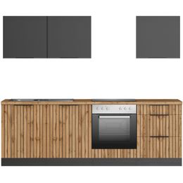 Küchenzeile KOCHSTATION "KS-Lagos2, Breite 240 cm", grau (küche: grau, front: listrado eiche, matt grau, korpus: grau matt, arbeitsplatte: wotaneichefarben), B:240cm H:200cm T:60cm, Komplettküchen-Sets, Küchenzeile, wahlweise mit E-Geräten, mit 38mm starker Arbeitsplatte