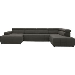 Wohnlandschaft DOMO collection "Brandon, whlw. mit Sitztiefenverstellung, inkl. Nierenkissen", grau, B:359cm H:80cm T:228cm, Kunstleder SOFTLUX;Luxus-Microfaser in Antikleder-Optik (100% Polyester);Luxus-Microfaser (100% Polyester), Sofas, mit Kopfteilverstellung, wahlweise Sitztiefenverstellung, U-Form