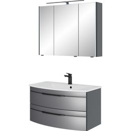 Badmöbel-Set SAPHIR "Serie 7045 2-teilig Mineralmarmor-Waschtisch mit LED-Spiegelschrank", grau (stahlgrau metallic), B:93,2cm H:200cm T:50,1cm, Spanplatte, Kastenmöbel-Sets, Badezimmer-Set 93,2 cm breit, inkl. Türdämpfer, 3 Türen, 2 Schubladen