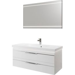 Badmöbel-Set SAPHIR "Balto 2-teilig Mineralmarmor-Waschtisch mit LED-Spiegel, 123 cm breit", weiß (weiß hochglanz mit chromeinlage), B:123cm H:200cm T:50,8cm, Spanplatte, Kastenmöbel-Sets, Waschplatz mit 2 Schubladen, Badschrank inkl. Schubladendämpfer