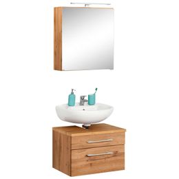 Badmöbel-Set Welltime "Davos", braun (eichefarben), Holzwerkstoff, MDF, Melamin, Kastenmöbel-Sets, Spiegelschrank und Waschbeckenunterschrank