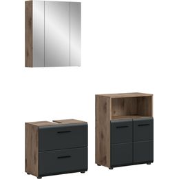 Badmöbel-Set Inosign "FLORENZ, TOPSELLER, 3-teilige Badkombination, hochwertige MDF-Front", nox oak nb, schwarz matt, B:135cm H:185cm T:30cm, Holzwerkstoff, MDF, Kastenmöbel-Sets, Bad-Kombination, Bad-Möbel, Badezimmer, Kombination, Kombi