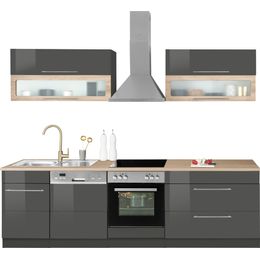 Küchenzeile KOCHSTATION "KS-Wien", grau (küche: grau, front: grau hochglanz, korpus: grafit, arbeitsplatte: eichefarben), B:270cm T:60cm, Komplettküchen-Sets, Küchenzeile, Breite 270 cm, wahlweise mit E-Geräten