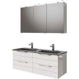 Badmöbel-Set SAPHIR "Serie 6025 2-teilig Mineralmarmor-Waschtisch mit LED-Spiegelschrank", weiß (weiß hochglanz select), B:132cm H:200cm T:48cm, Spanplatte, Kastenmöbel-Sets, Waschplatz 132cm breit, 4 Schubladen, 2 Spiegel-Türen, inkl Türdämpfer