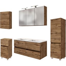 Badmöbel-Set Welltime "Welltime Möbel Baabe Waschtisch-Set 3tlg. oder 5tlg.", braun (wotaneiche), Set 12 5tlg.: Waschtisch 120cm breit, Spiegelschrank 120cm breit, Hängeschrank, Unterschrank, Midischrank, Holzwerkstoff, Kastenmöbel-Sets, gedämpfte Scharniere und Softclose-Funktion, inklusive LED-Beleuchtung