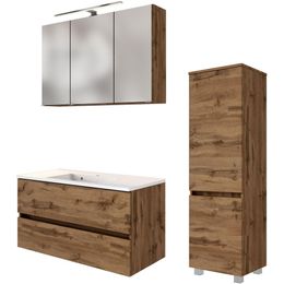 Badmöbel-Set Welltime "Welltime Möbel Baabe Waschtisch-Set 3tlg. oder 5tlg.", braun (wotaneiche), Set 3 3tlg.: Waschtisch 100cm breit, Spiegelschrank 100cm breit, Midischrank, Holzwerkstoff, Kastenmöbel-Sets, gedämpfte Scharniere und Softclose-Funktion, inklusive LED-Beleuchtung