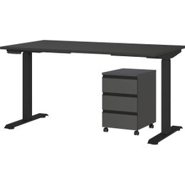 Büromöbel-Set Germania "Lemont", grau (graphit), B:195cm H:120cm T:80cm, Kunststoff, Metall, Spanplatte, Arbeitsmöbel-Sets, Set bestehend aus höhenverstellbarem Schreibtisch und Rollcontainer