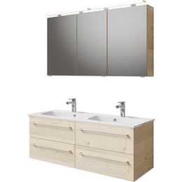 Badmöbel-Set SAPHIR "Serie 6025 2-teilig Mineralmarmor-Waschtisch mit LED-Spiegelschrank", braun (polar pinie quer nb), B:132cm H:200cm T:48cm, Spanplatte, Kastenmöbel-Sets, Waschplatz 132cm breit, 4 Schubladen, 2 Spiegel-Türen, inkl Türdämpfer