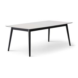 Esstisch HAMMEL FURNITURE "Meza Designtisch mit Auszugsfunktion und 2 Einlegeplatten", weiß (weiß, natur, weiß), B:165cm H:74cm T:90cm, Tischplatte: Weiss Laminat (schwarzer Rand), Gestell: Massive schwarz gebeizte Esche., Tische, rechteckige Tischplatte MDF, Esche Massivholzgestell